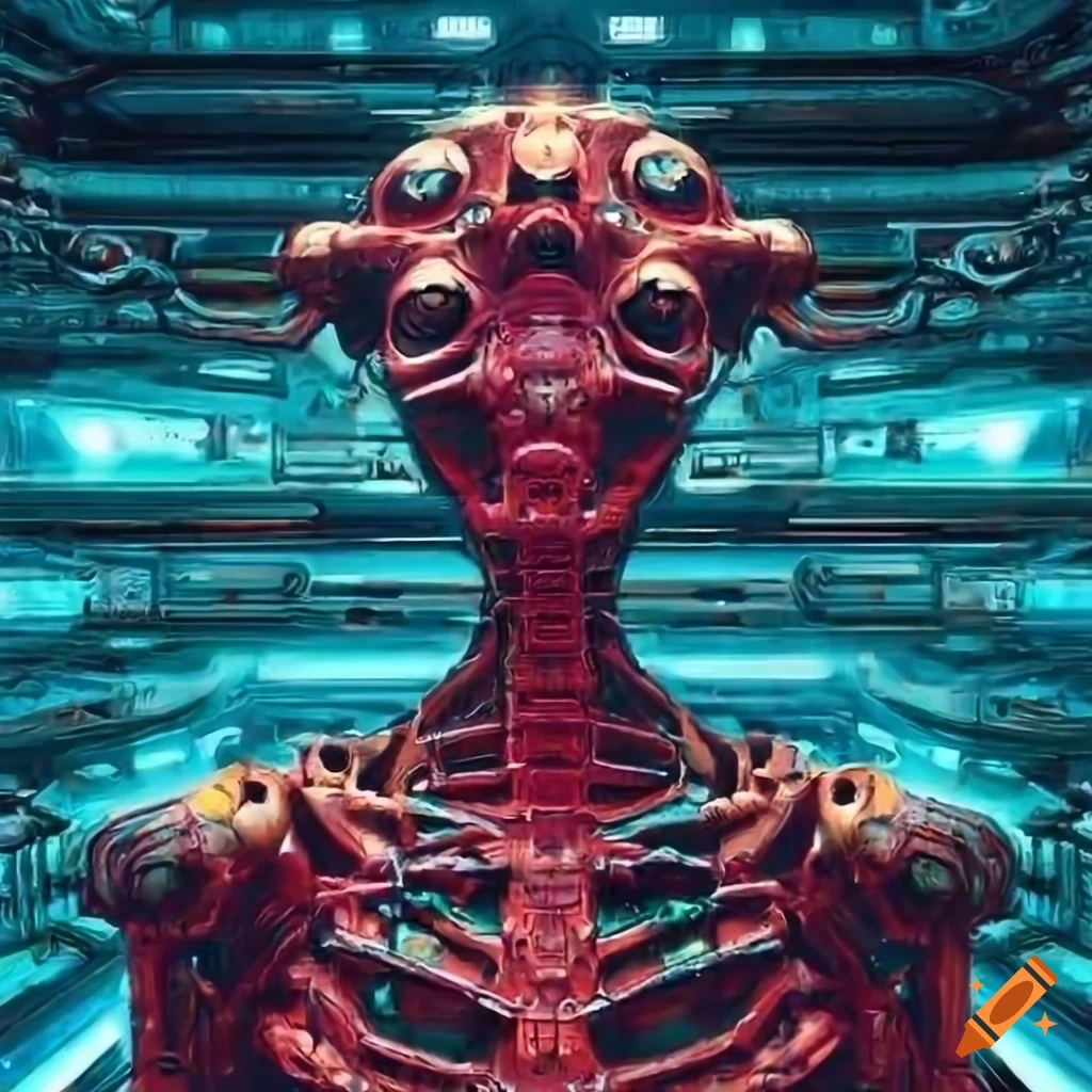 Surrealist aliens inside an asymmetrical organic spaceship with strange machines and light ...