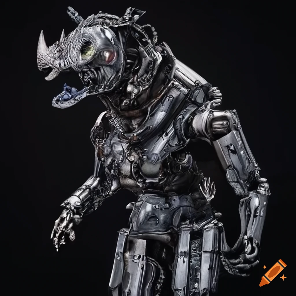 Robotic Rhino mechanical suit with gothic twisted design on Craiyon