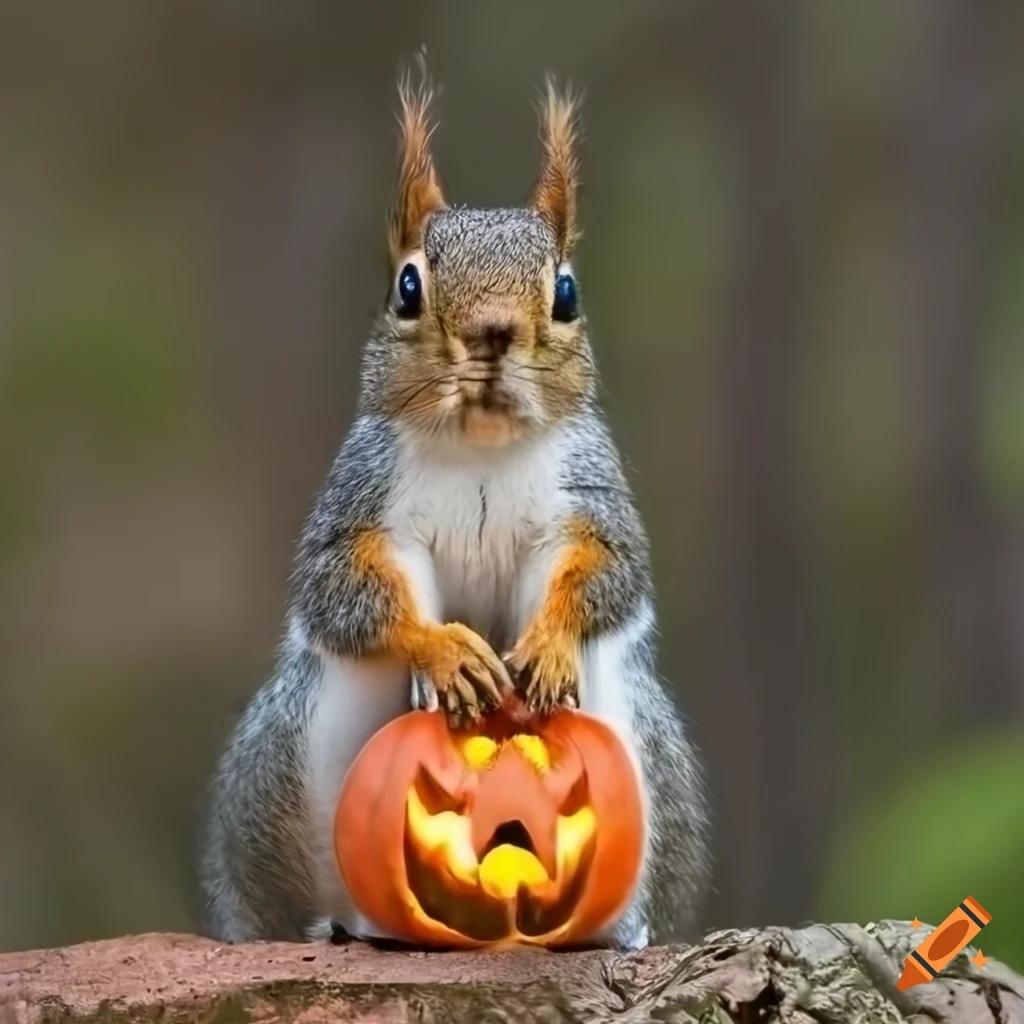 Hyper realistic squirrel on a Jack-o-lantern in high detail on Craiyon