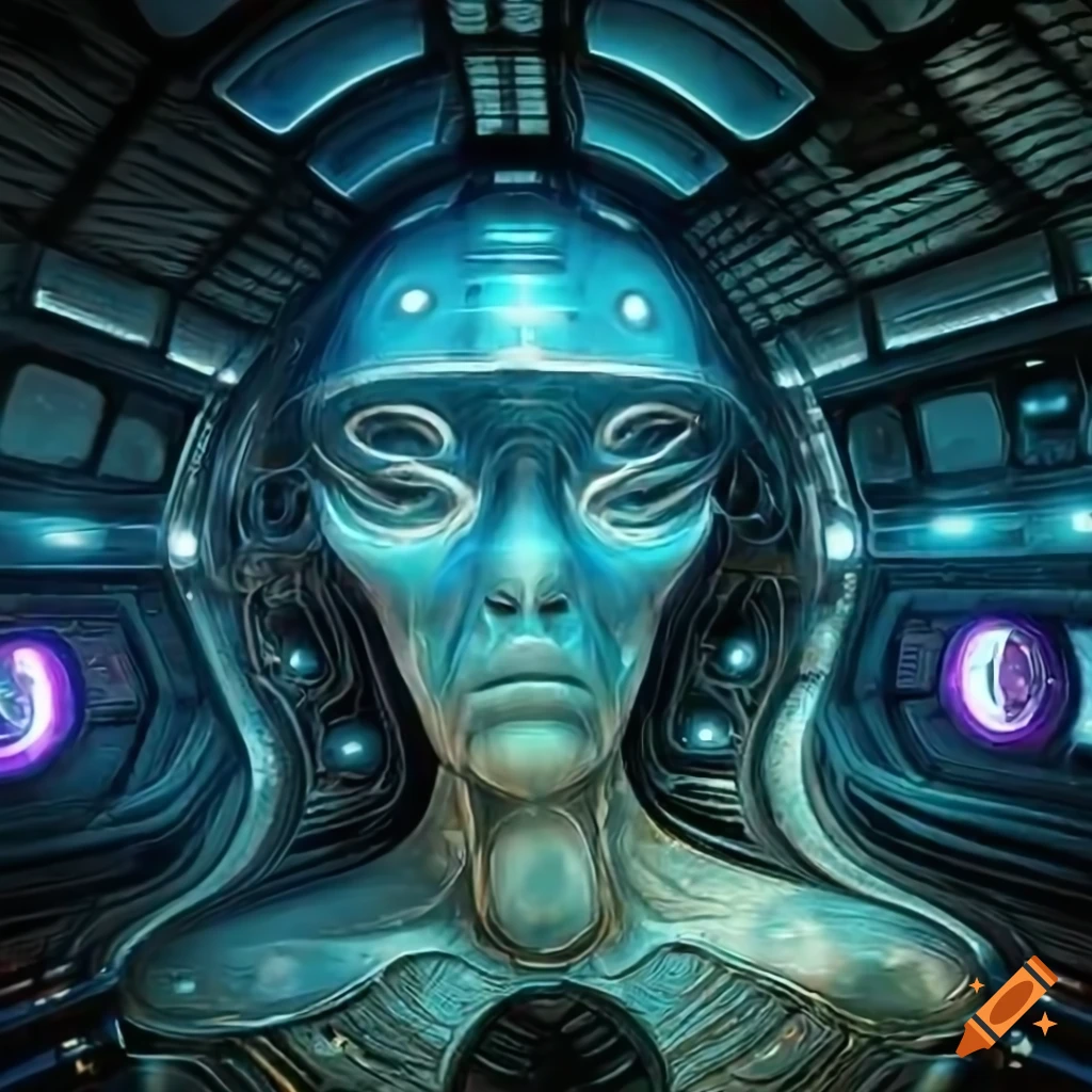 Surrealist organic spaceship with alien machines and light boards in ...