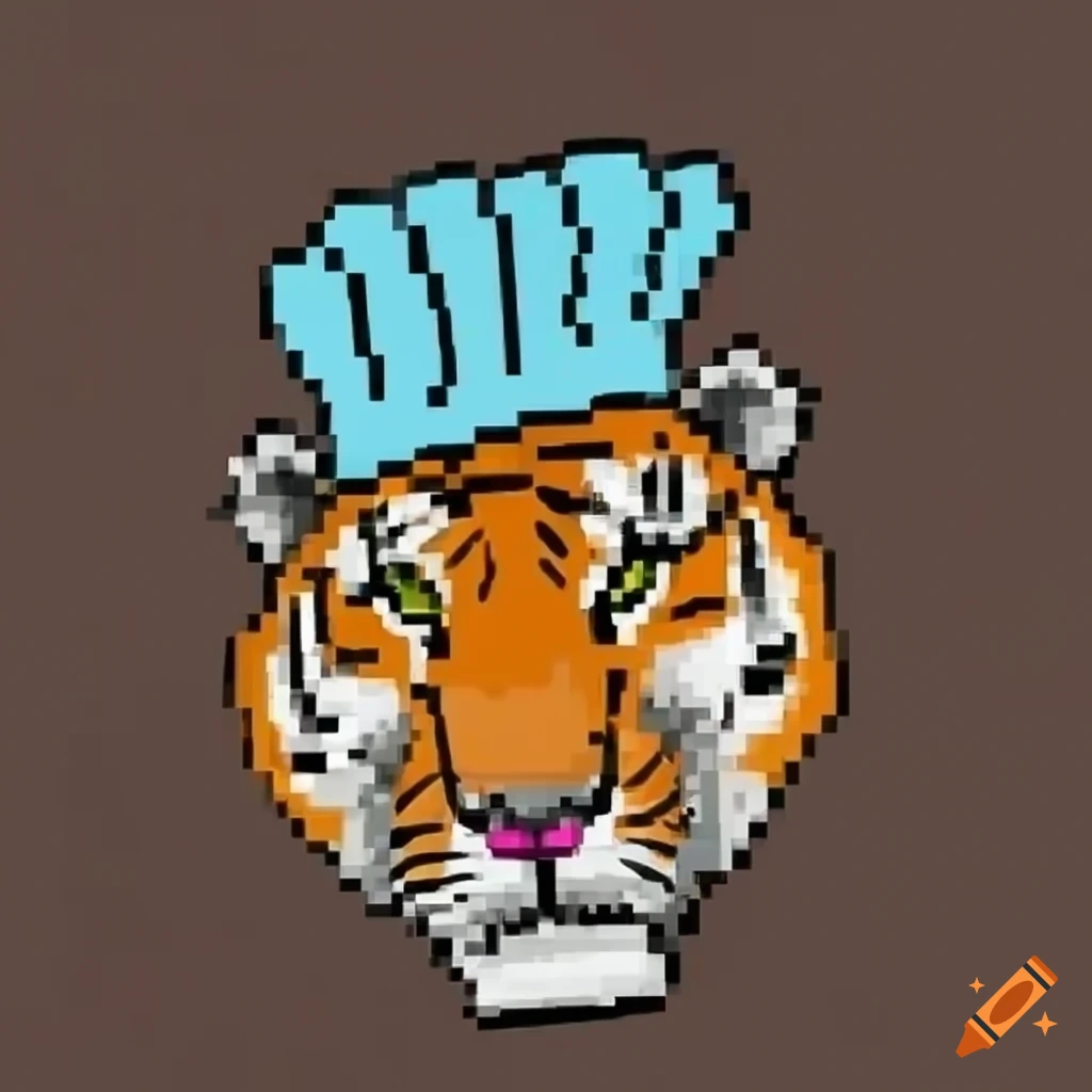 Pixelated icon of a tiger wearing a chef's hat on Craiyon