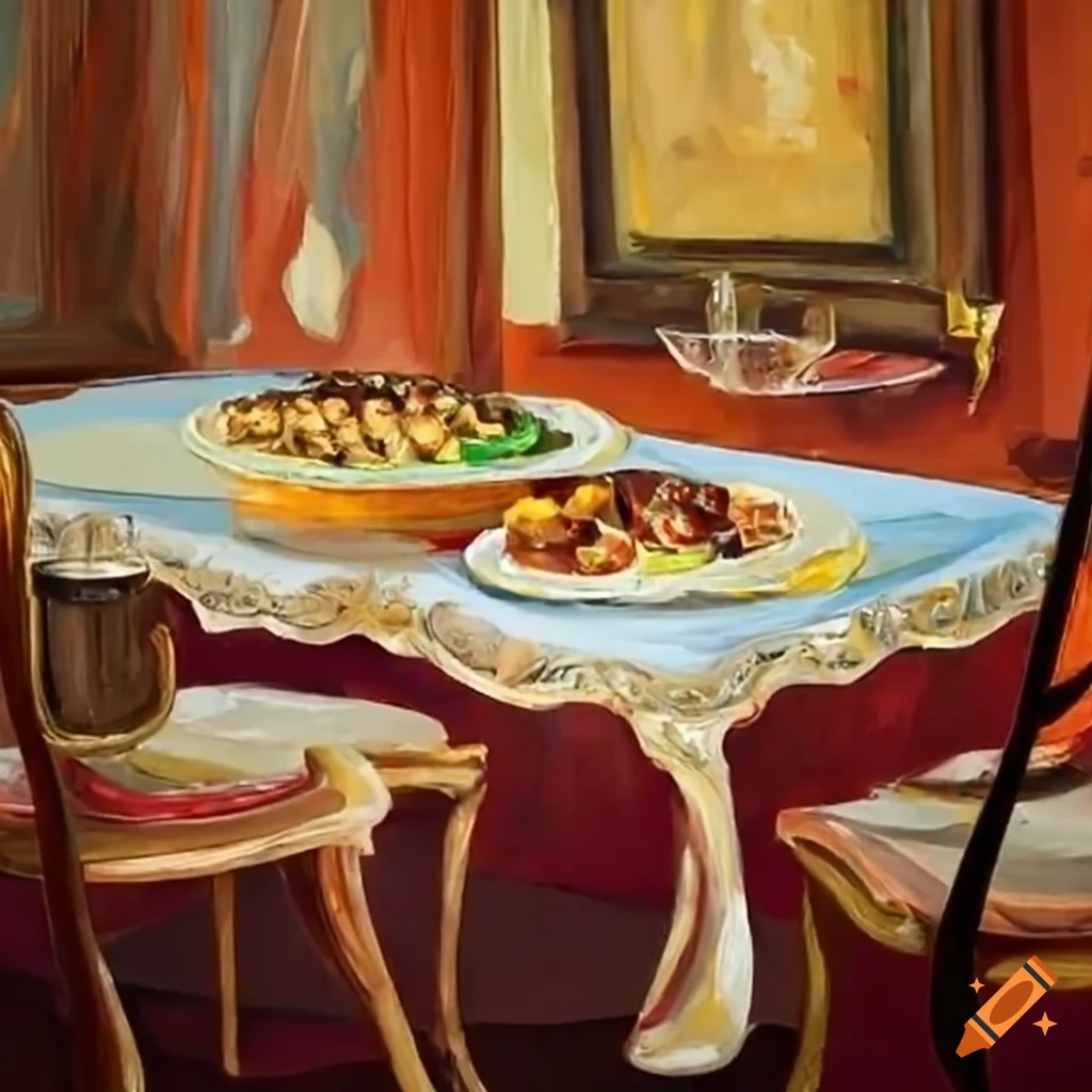 Exquisitely set table with multiple gourmet courses on Craiyon