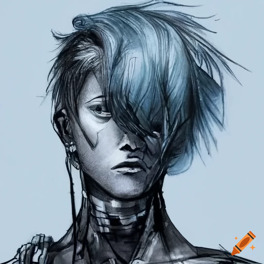 Young male cyborg in high-tech bodysuit with light cyan hair in a ...