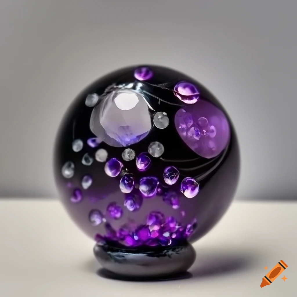 Crystal sphere with purple dewdrops in silver and black on Craiyon