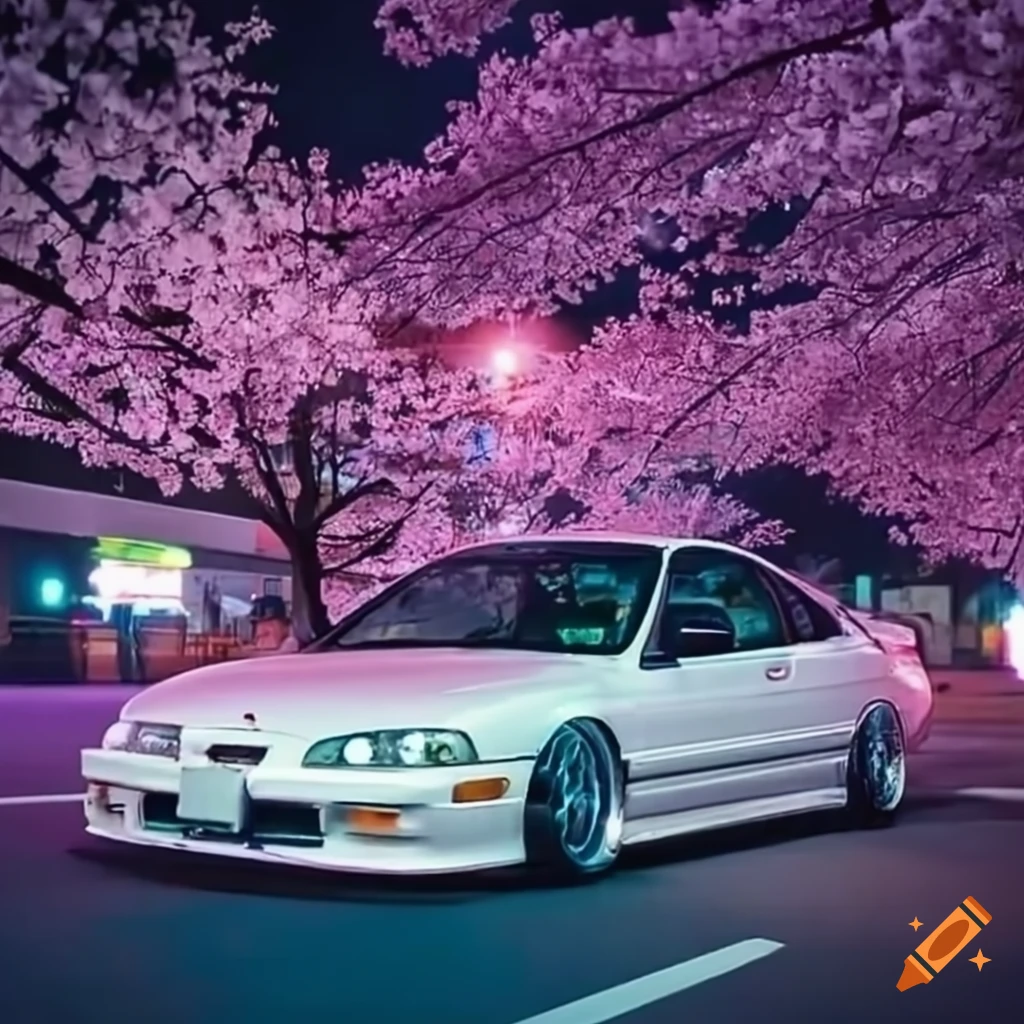 White Acura Integra in Japan at night with cherry blossom trees on Craiyon