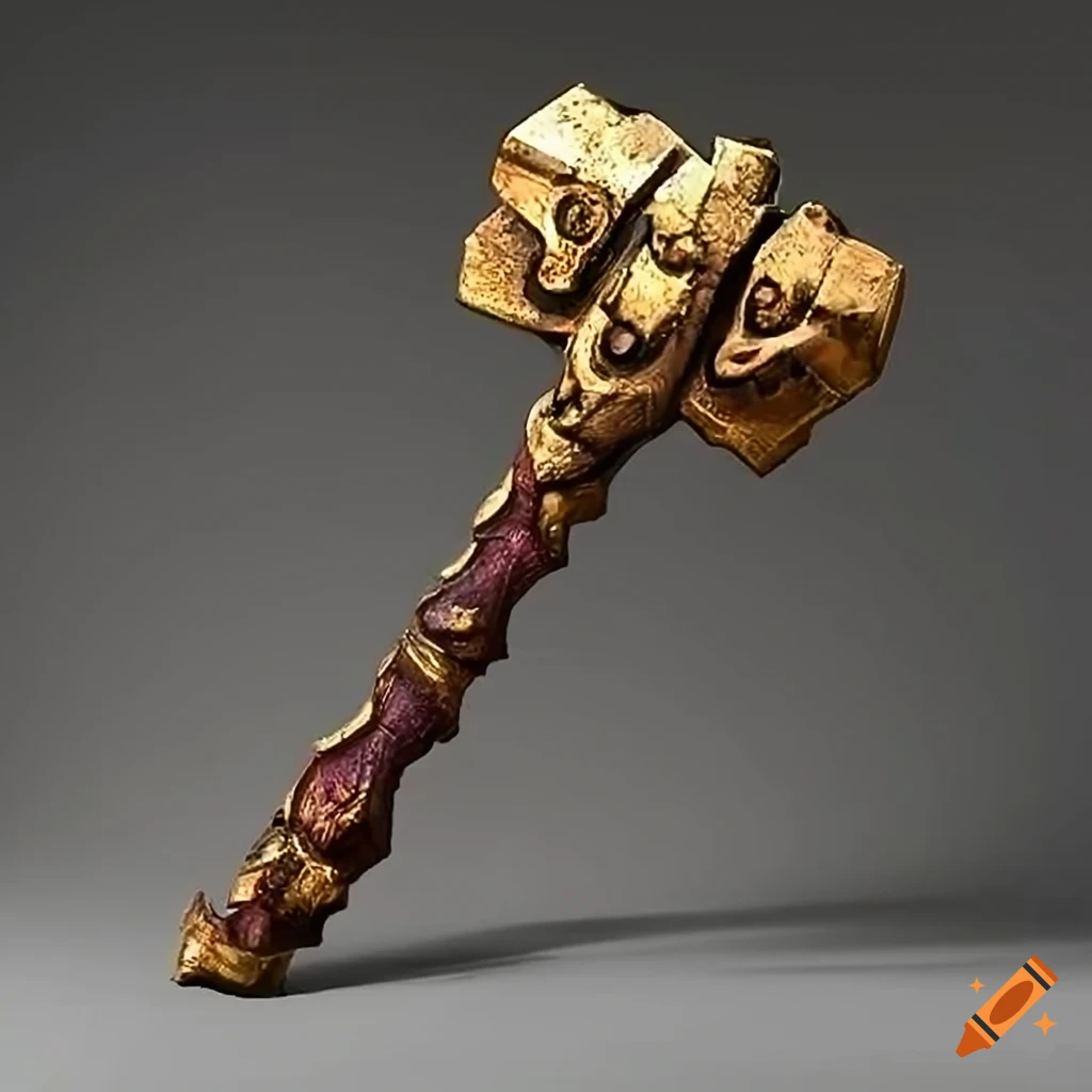 Powerful battle-worn hammer emitting divine heat and energy on Craiyon