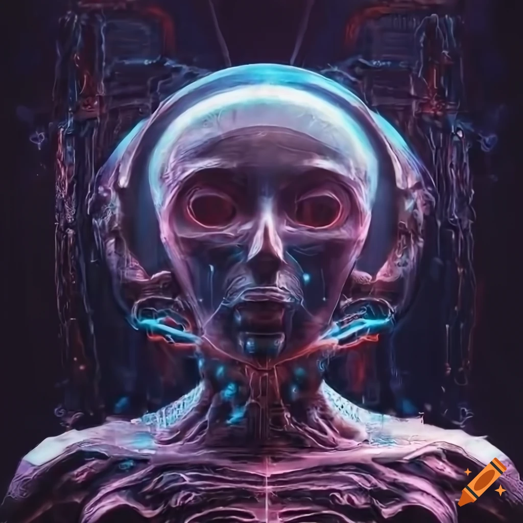 Surrealist aliens inside an asymmetrical organic spaceship with strange ...