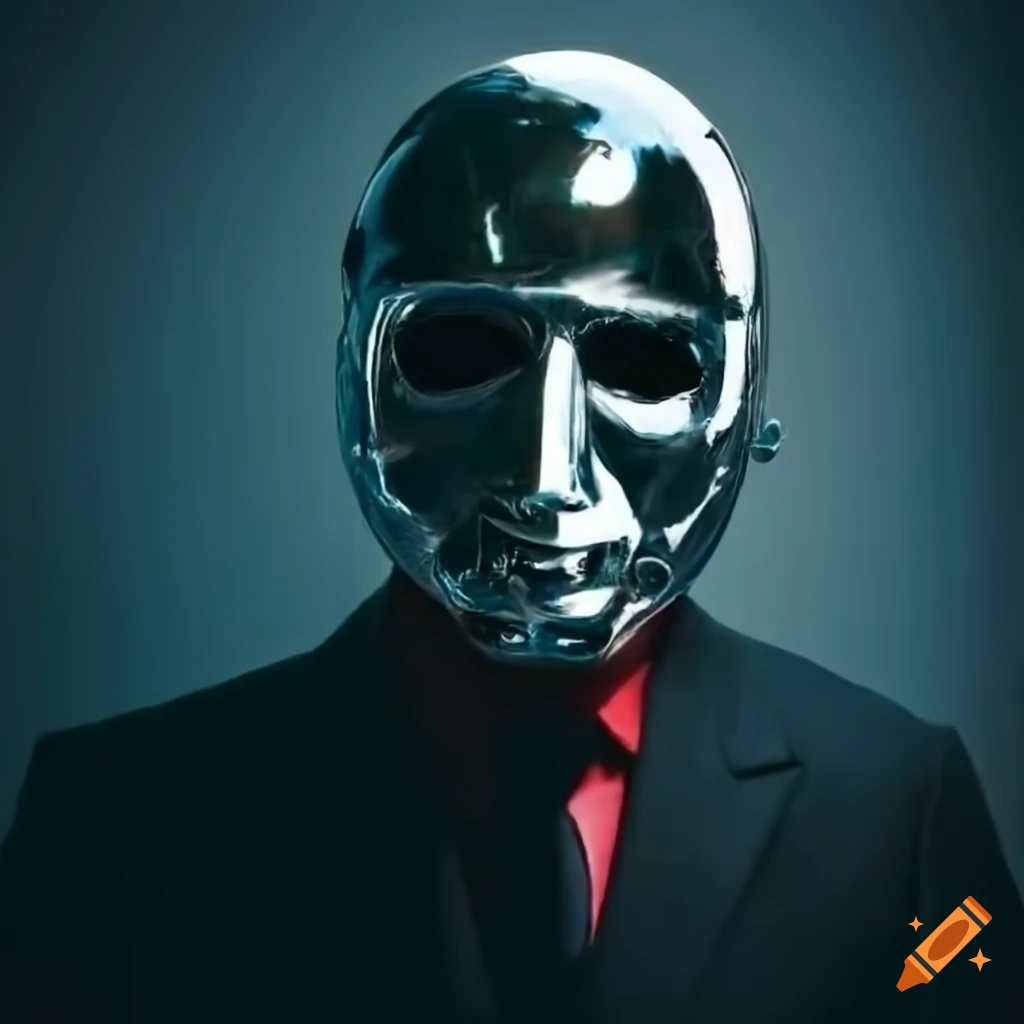 Mysterious man in a chrome mask and suit on Craiyon