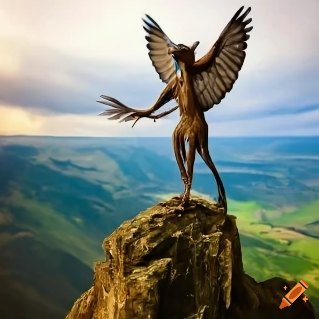 Mythical humanoid bird hybrid resembling a mockingbird on a cliff ...