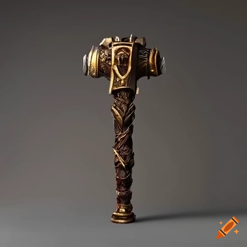 Powerful battle-worn hammer emitting divine heat and energy on Craiyon
