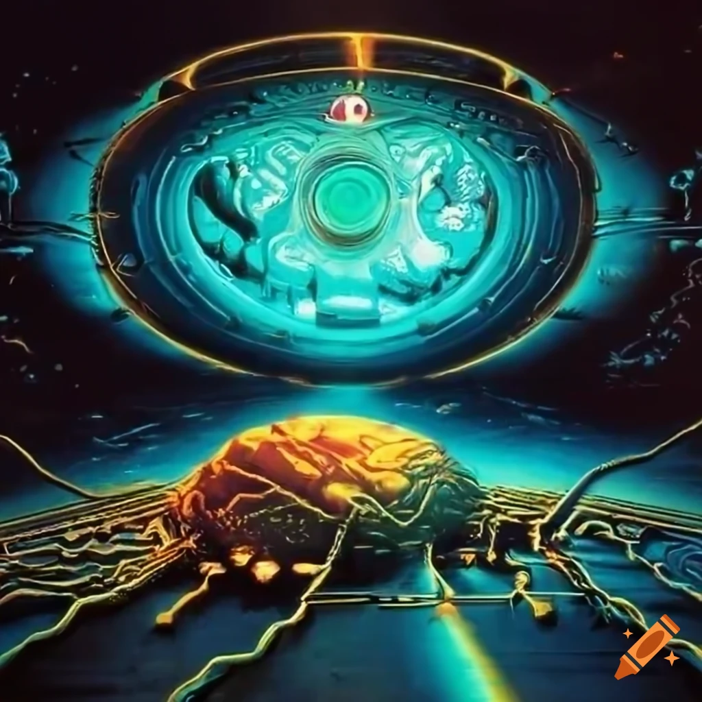 70s sci-fi organic machine art by Akira Toryiama with brain circuit UFO ...