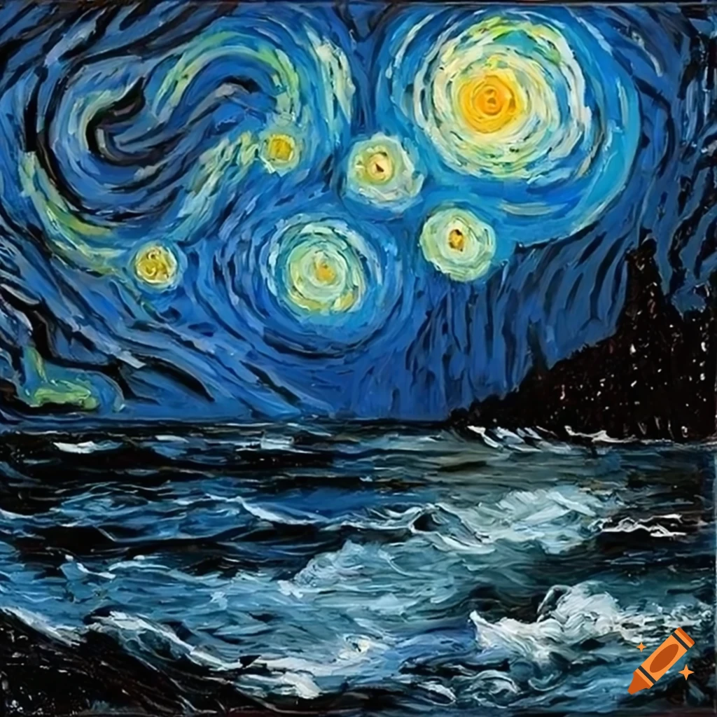 Remastered painting of starry night with stormy sea on Craiyon