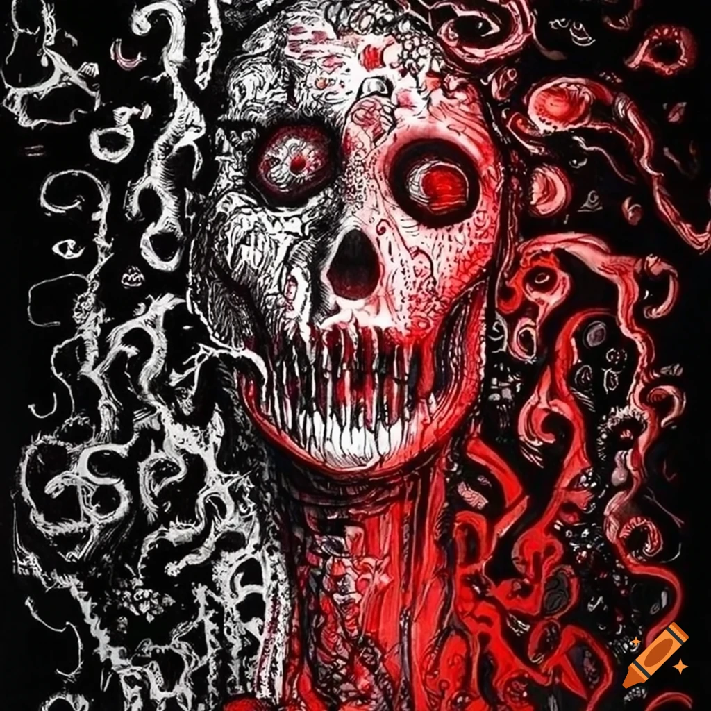 Intricate black, red, and white ink drawing of a tormented ghost ...
