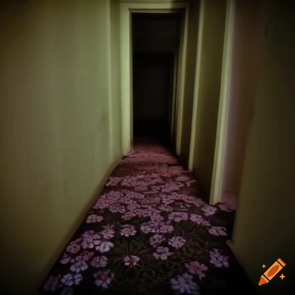 Eerie and creepy Backrooms with flowers on the floor in a horror VHS setting on Craiyon