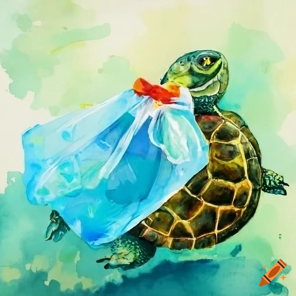 Turtle consuming a plastic bag in a watercolor painting on Craiyon