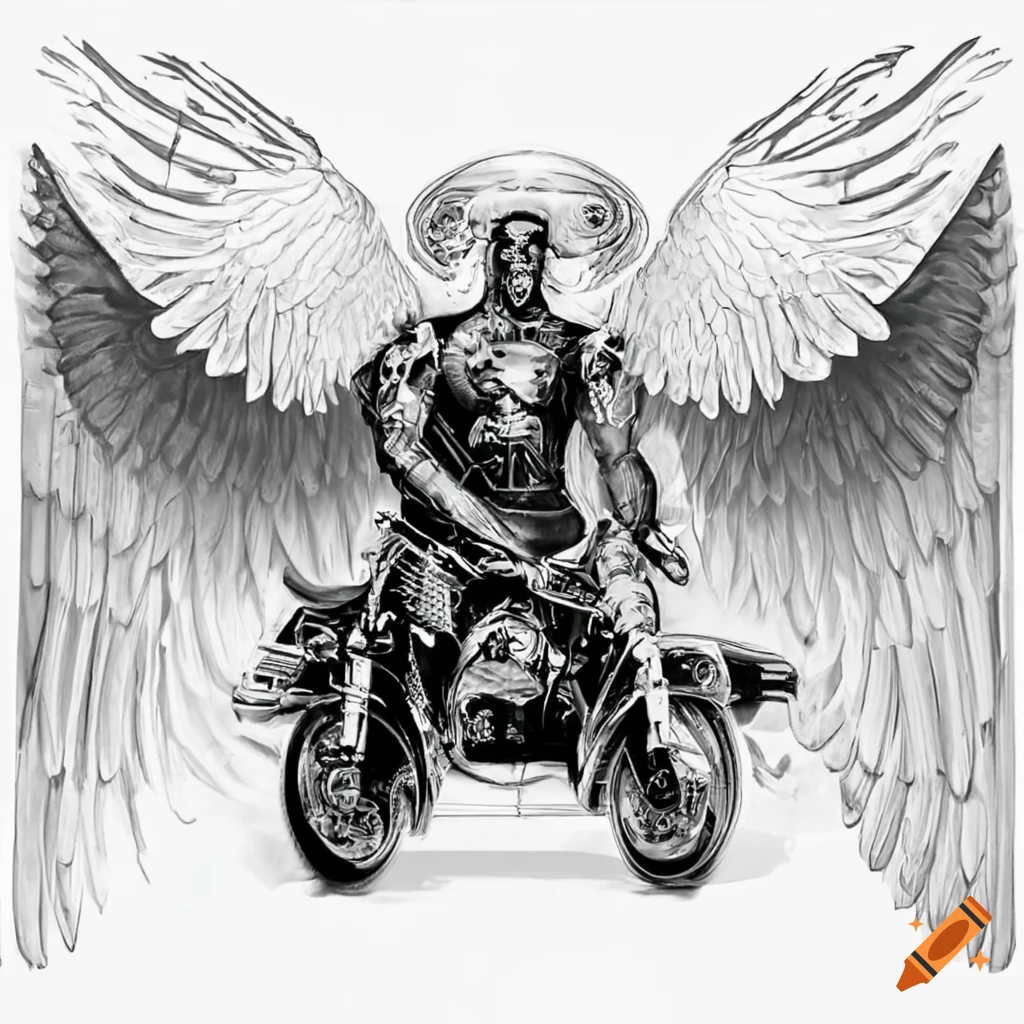 Archangel with wings riding a harley davidson motorcycle on Craiyon