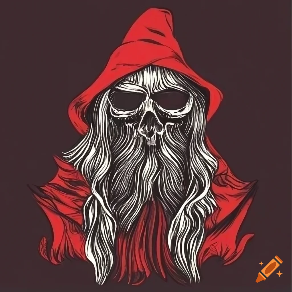 Wizard with black beard wearing a skull mask and red cloak in a dark ...