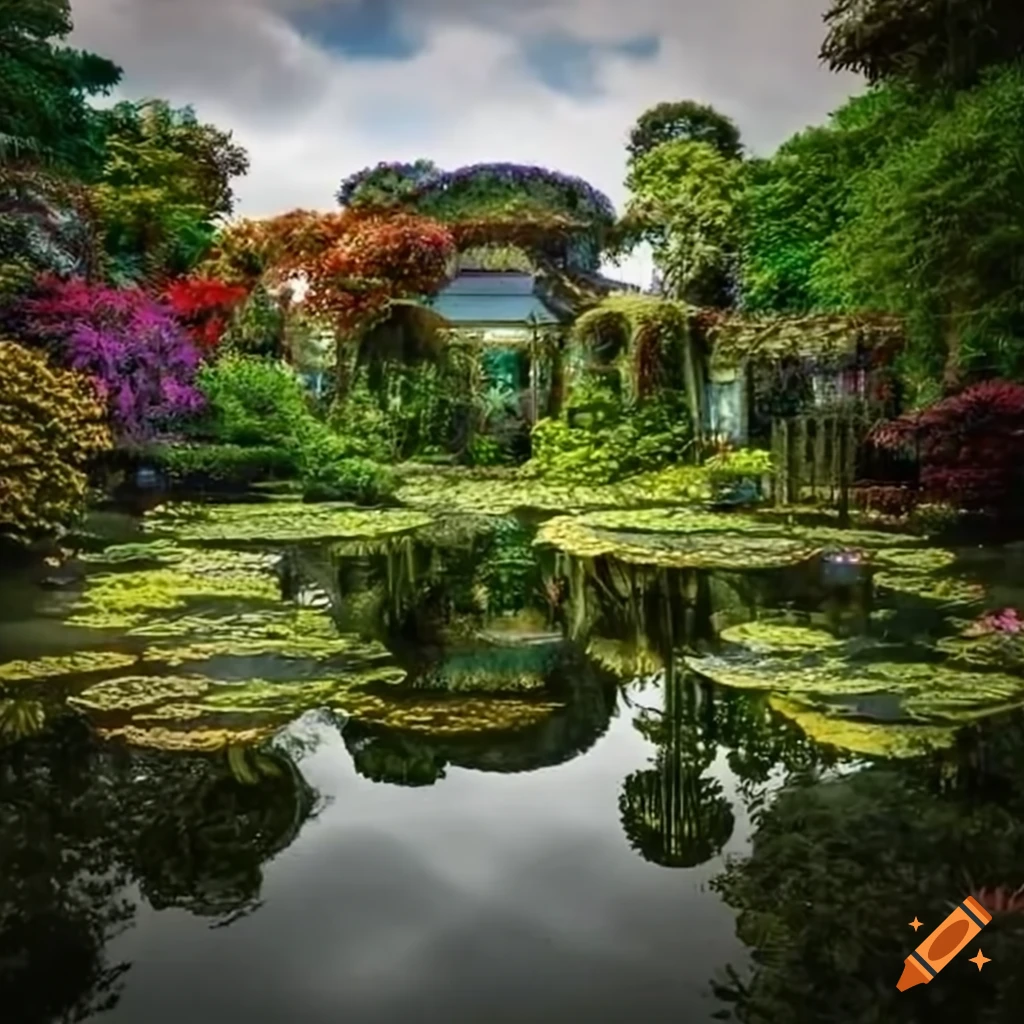 Mansion with pond and tropical garden in London Southend-on-Sea on Craiyon