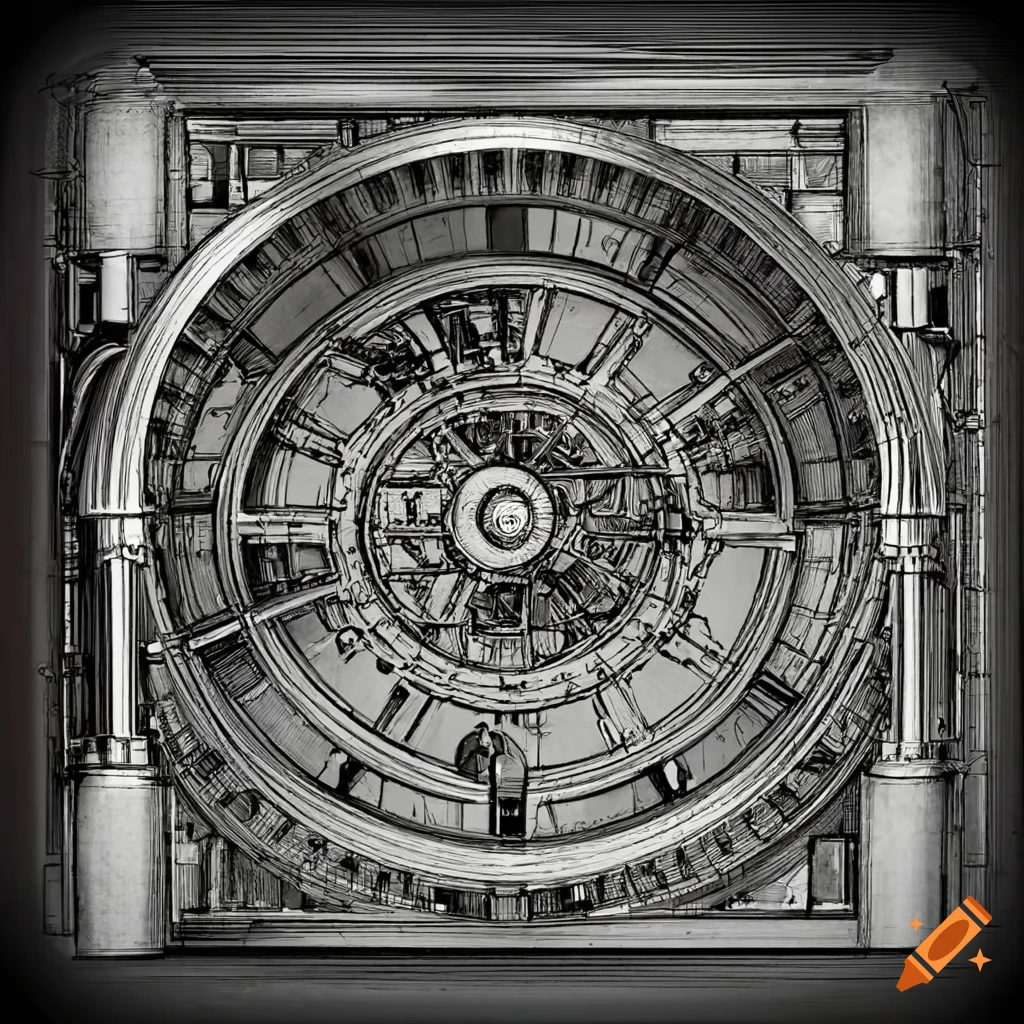Detailed CAD drawing of a time-travel mechanical device on Craiyon
