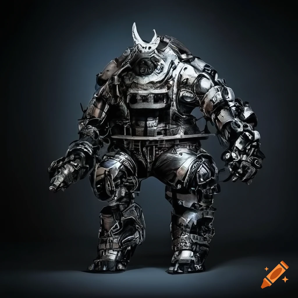 Robotic rhino in gothic twisted mechanical suit design on Craiyon