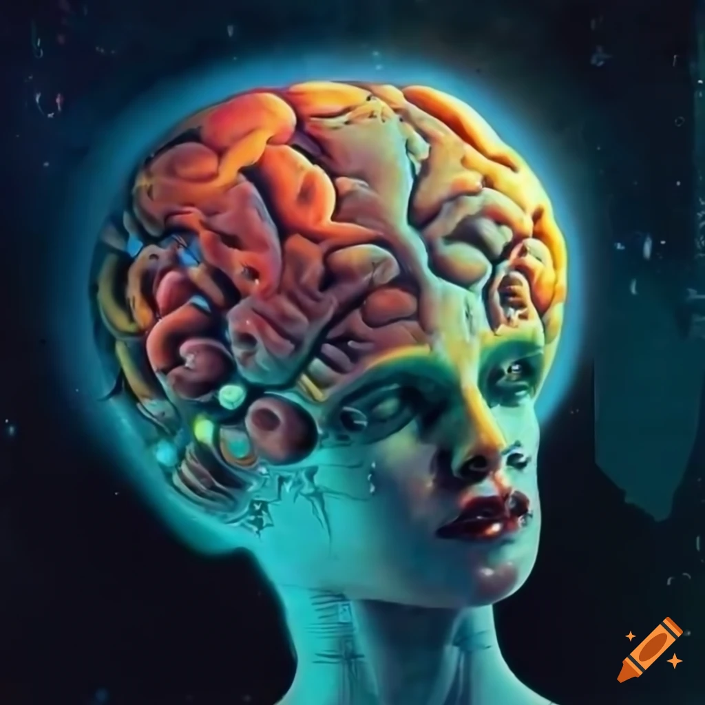 70s sci-fi organic machine art by Akira Toryiama blending light brain ...