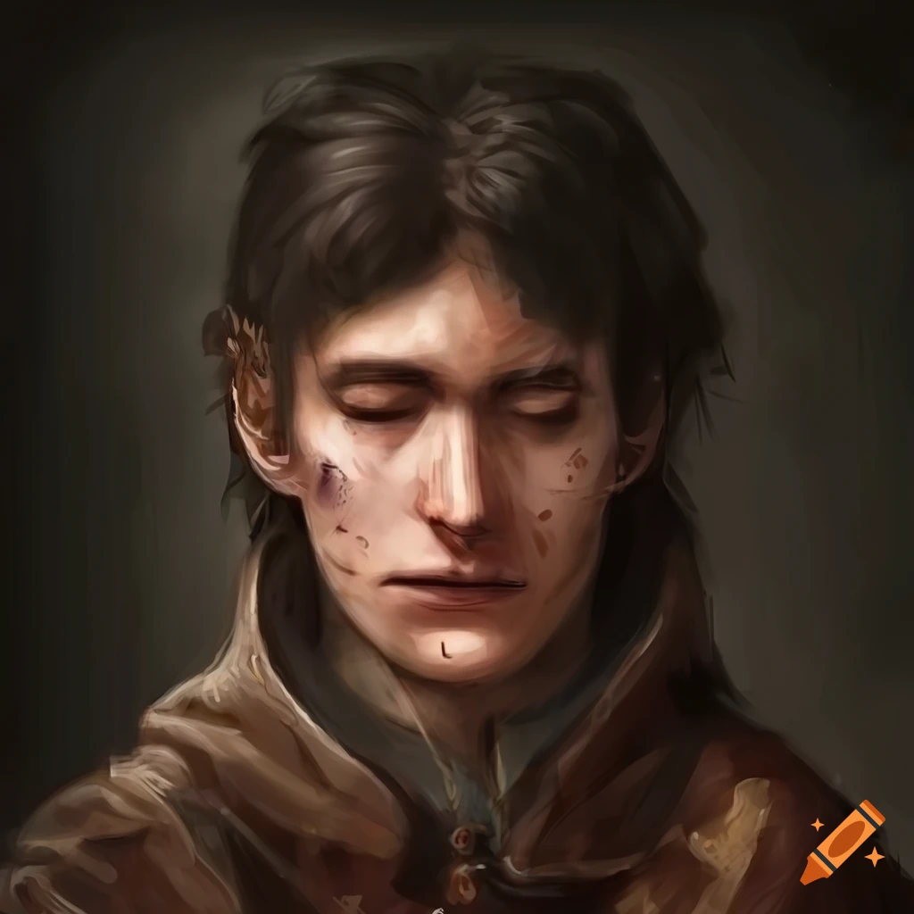 Portrait of a young man with disheveled hair and bruised face in a ...