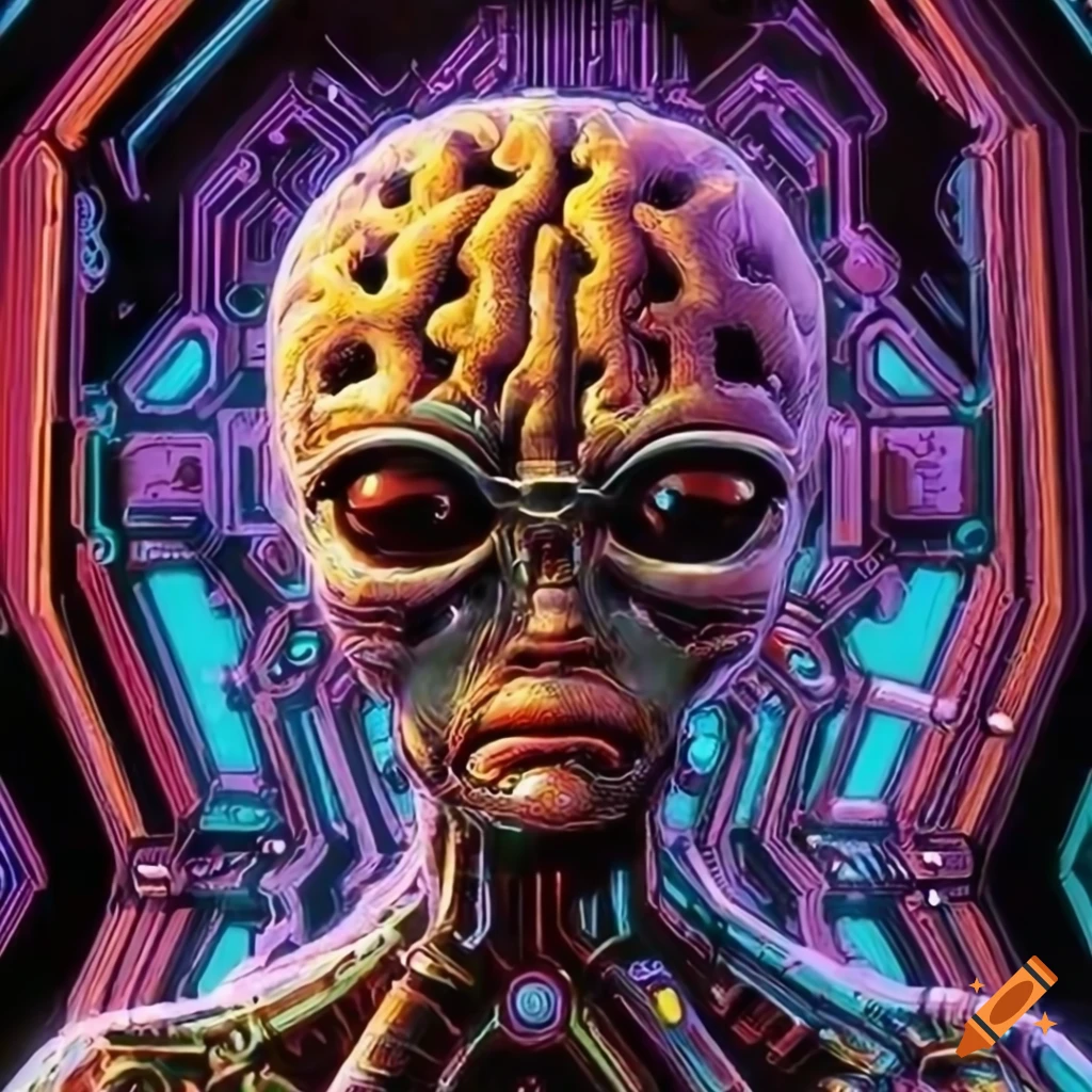 70s sci-fi organic machine art with brain circuit board and alien ...