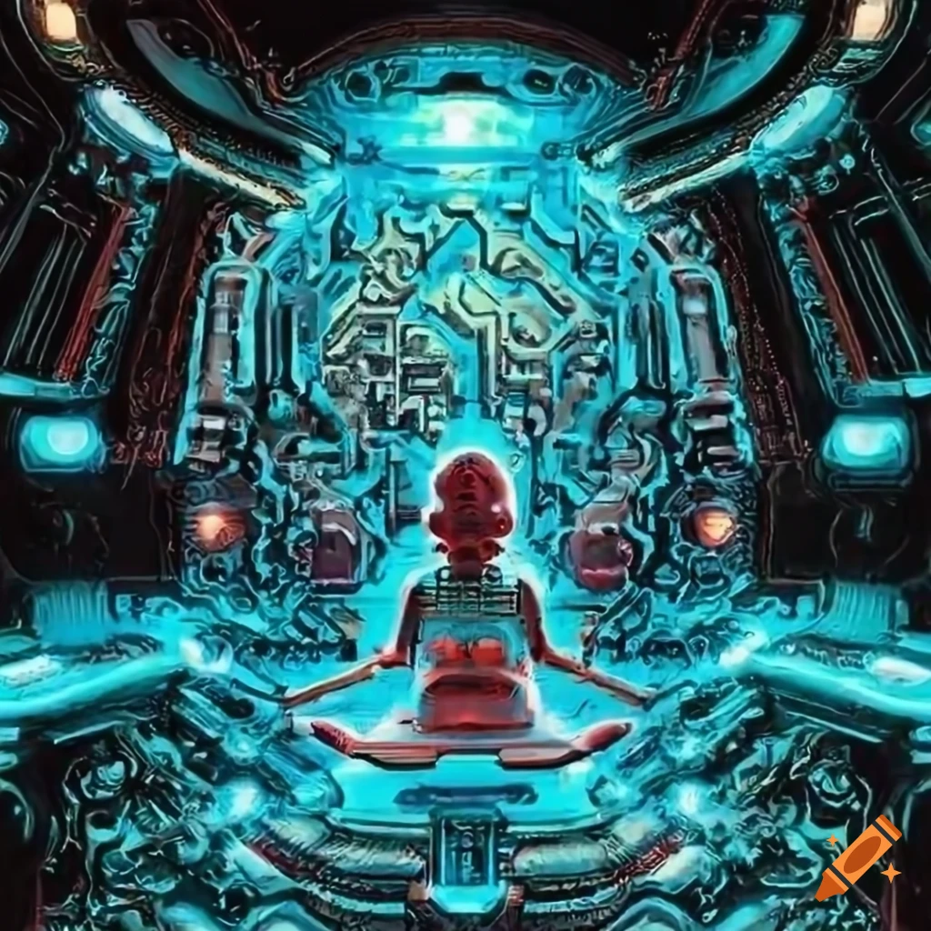 70s sci-fi organic machine art by akira toryiama with brain circuit ...