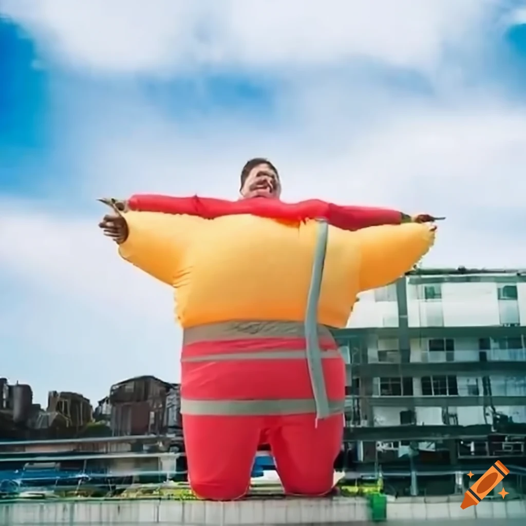 Man wearing fabric clothing over inflatable costume with string tied to ...