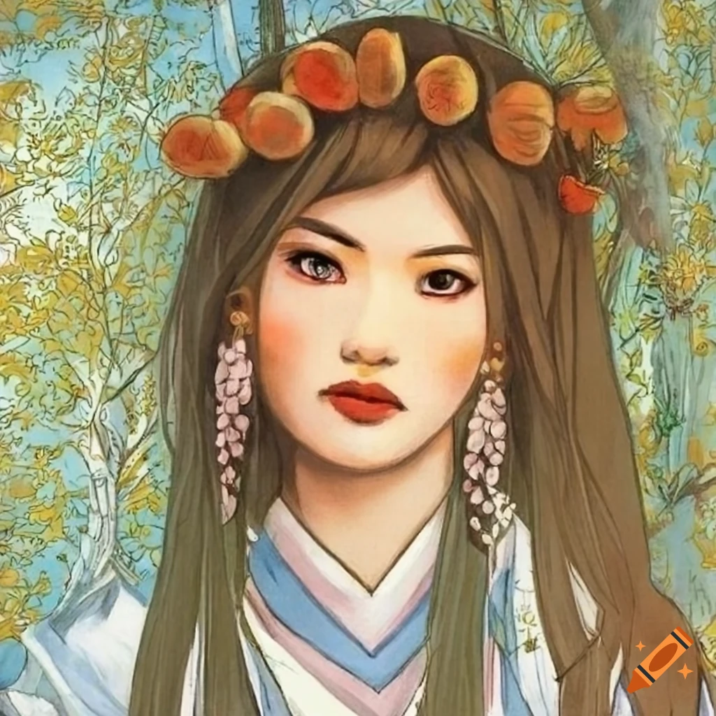 Ivan bilibin painting of a smiling asian girl in traditional slavic ...