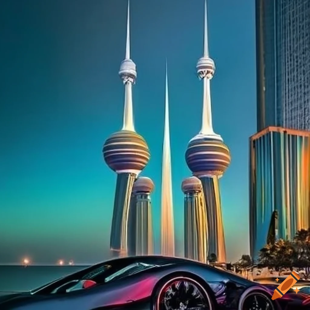 Artistic depiction of kuwait towers with supercars on Craiyon