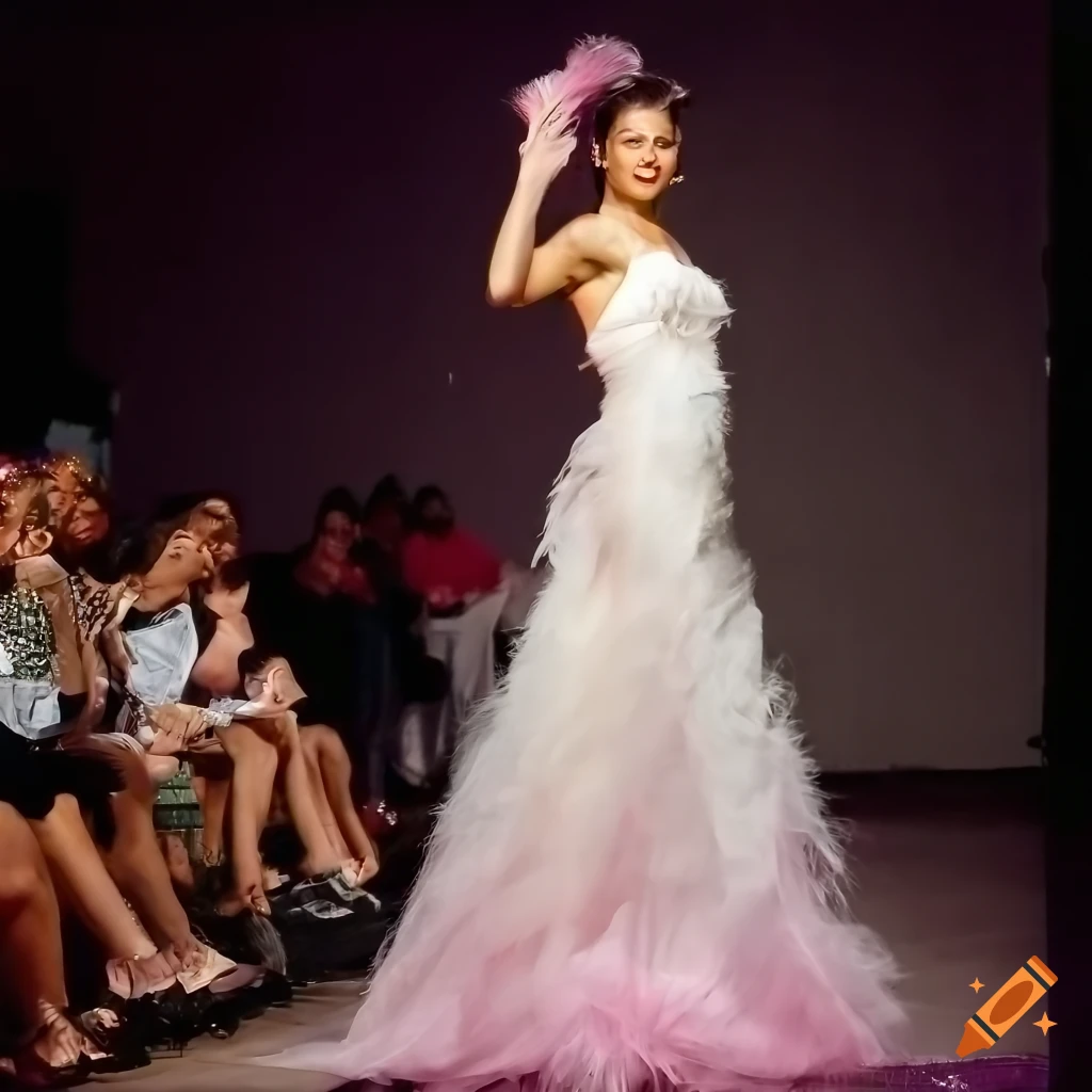 Woman on catwalk in modern pink feather dress on Craiyon