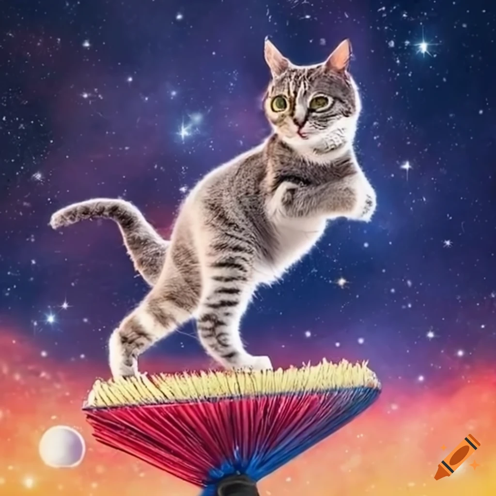 Space Cat Riding A Broomstick On Craiyon