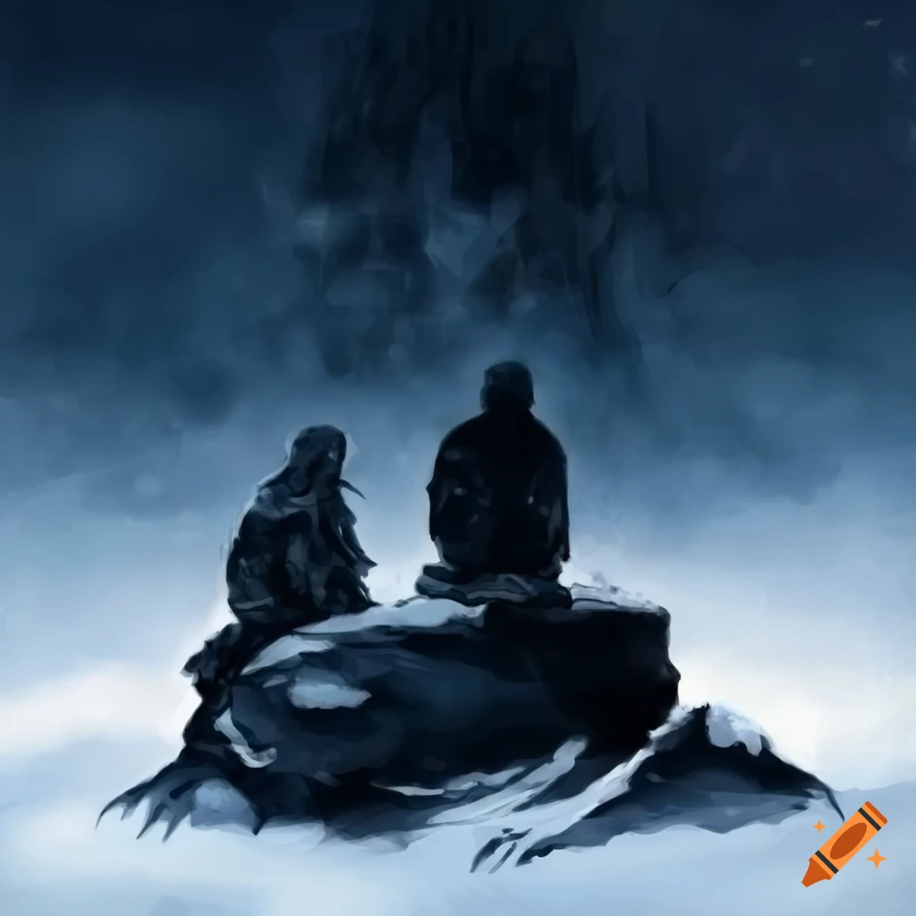 Father and son with swords and armor sitting on frozen rocks in a ...