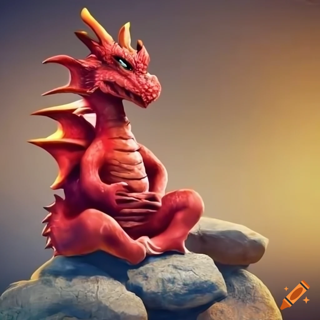 Red dragon meditating on rocks near a cave entrance in children's ...