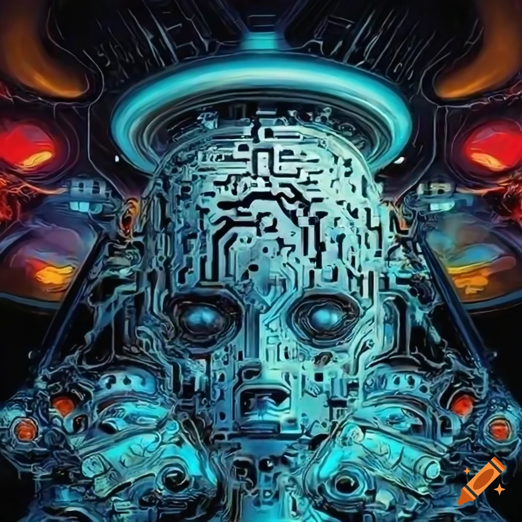 70s sci-fi organic machine art by akira toryiama with brain circuit ufo ...