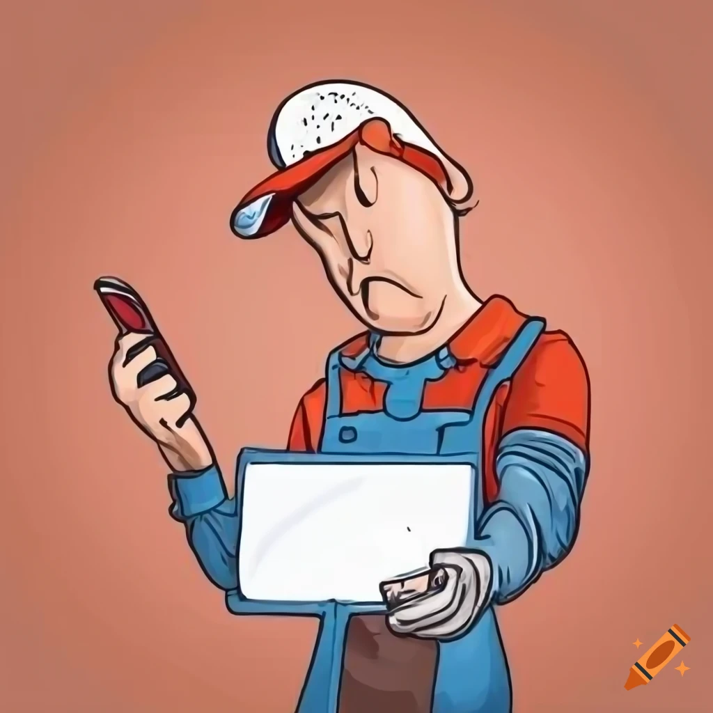 Confused plumber using a computer-tablet in a cartoon style drawing on ...