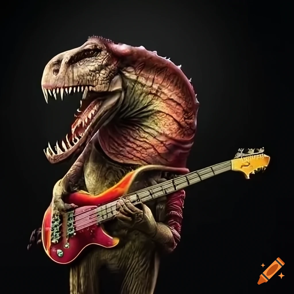 Intricately detailed dinosaur playing a bass guitar on Craiyon