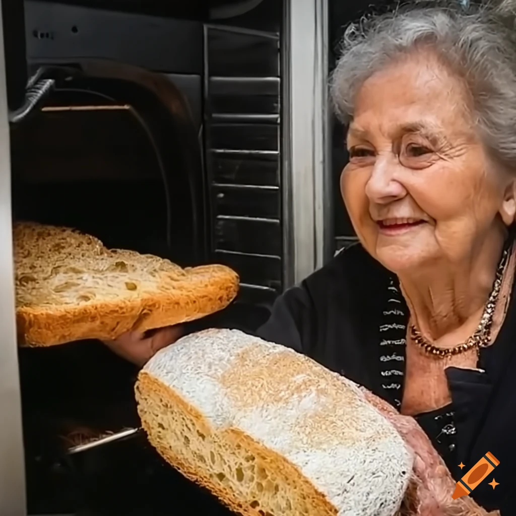 Detailed close-up of an old lady taking bread out of the oven on Craiyon