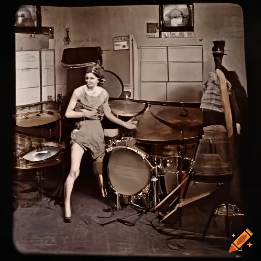 Outsider musician playing drum kit in a kodachrome 1890s-style scene on Craiyon