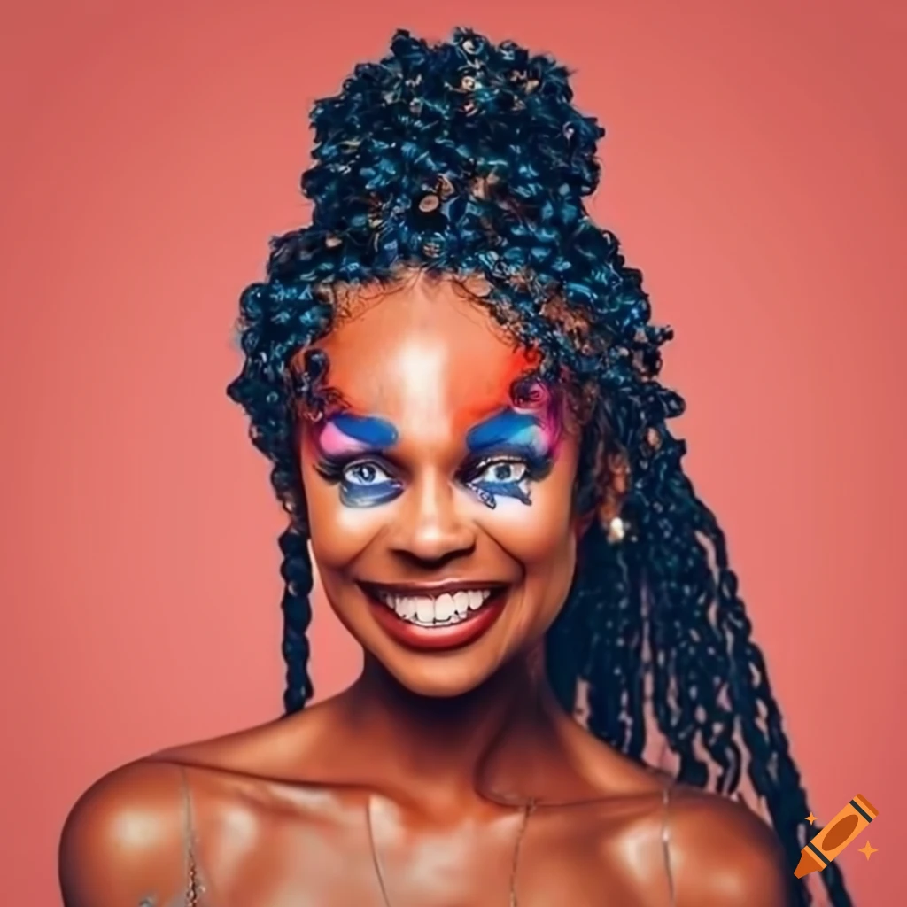 Portrait of an African American woman with flowers in her hair and ...