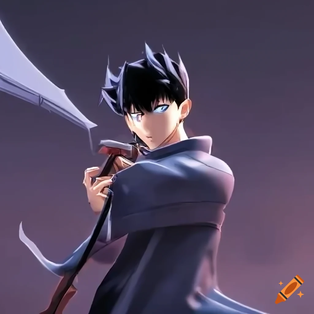 Sung jin-woo in fierce stance with a reaper's scythe in heavy rain of ...