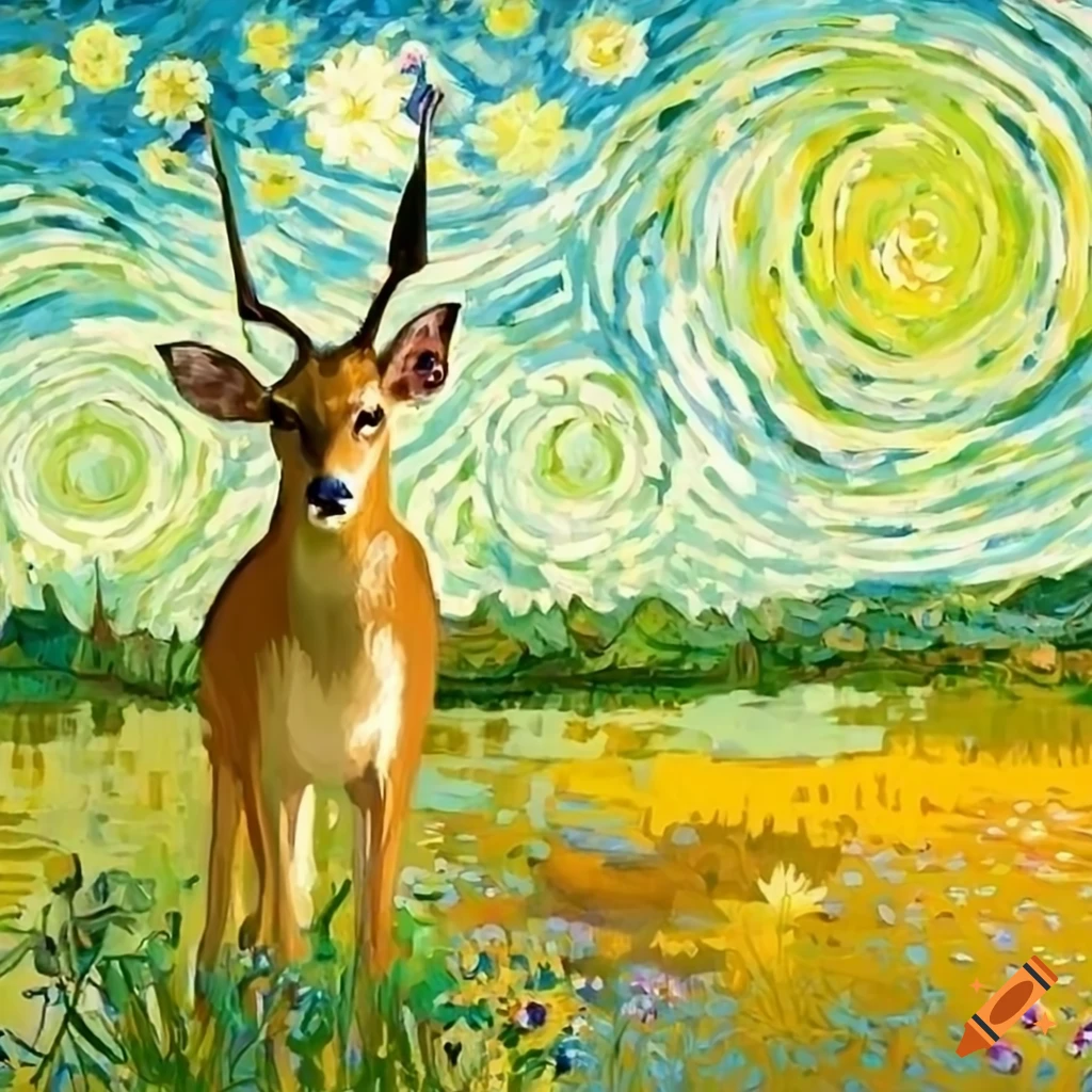 Detailed wind turbine in a meadow with wildflowers, fawn, and pond in ...
