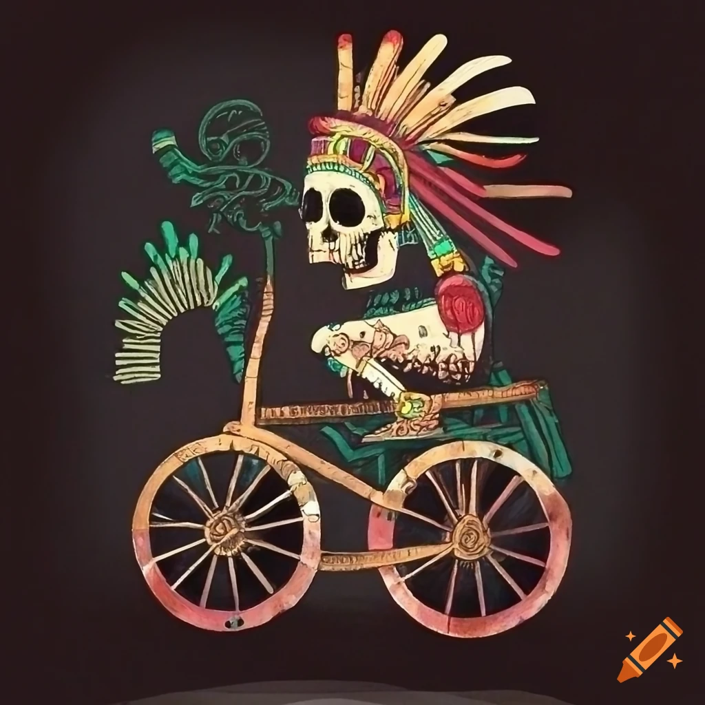 Artistic portrayal of miquiztli, aztec god of death on an aged bicycle ...