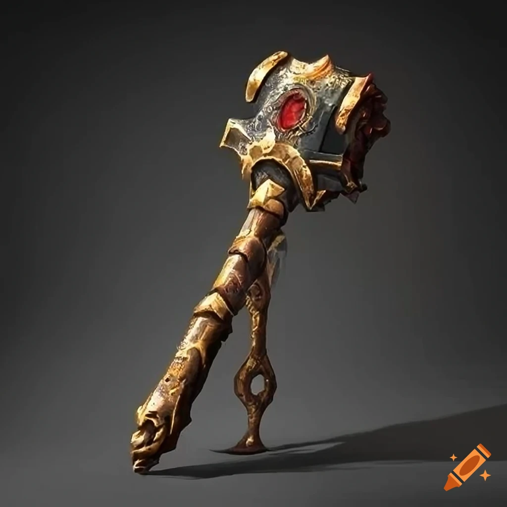 Powerful battle-worn hammer emitting divine heat and energy on Craiyon