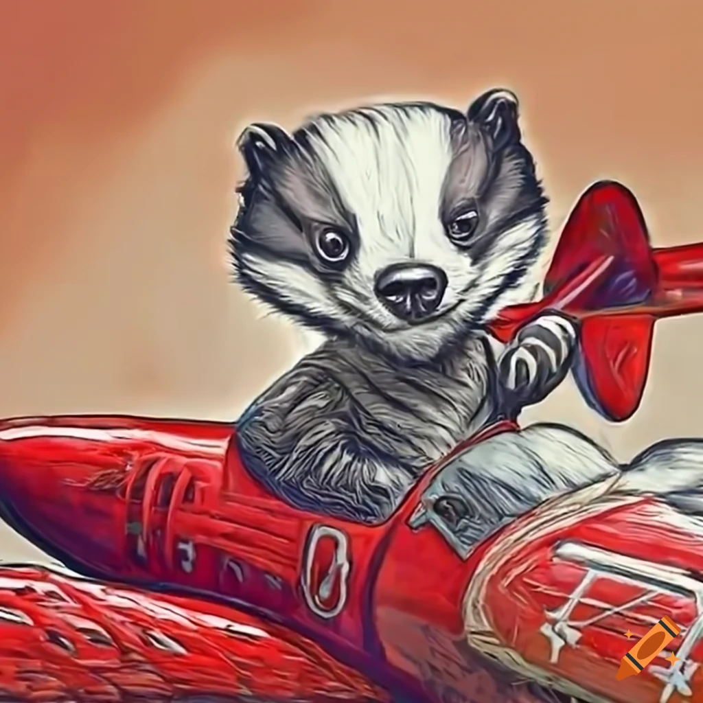 Cute badger flying a vintage red airplane on Craiyon