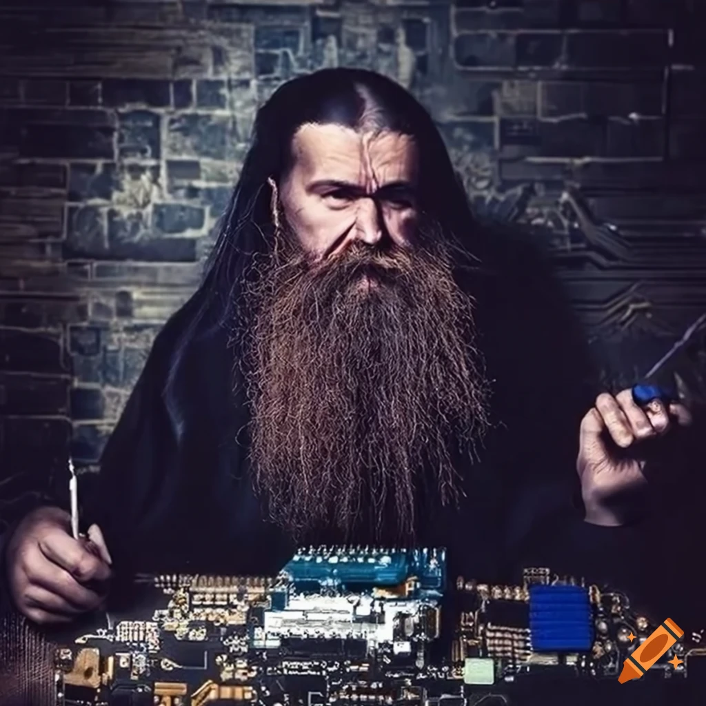 Dark wizard soldering computer motherboard in ancient castle on Craiyon
