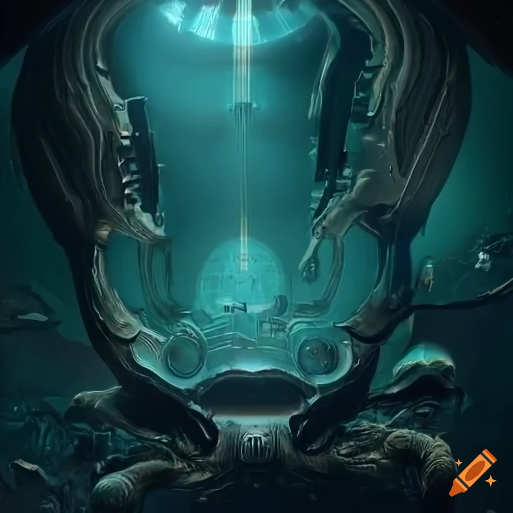 Surrealist aliens inside an asymmetrical organic spaceship with strange machines and light ...