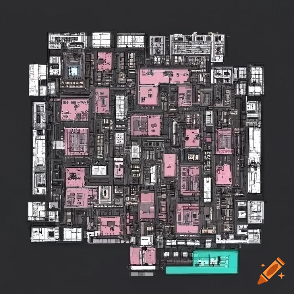 Cyberpunk city ward map with schools, apartments, warehouses, and ...