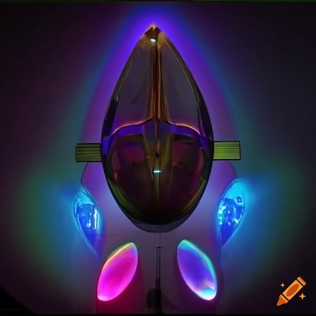 Sleek, teardrop-shaped alien spacecraft with iridescent metallic hull and bioluminescent ...